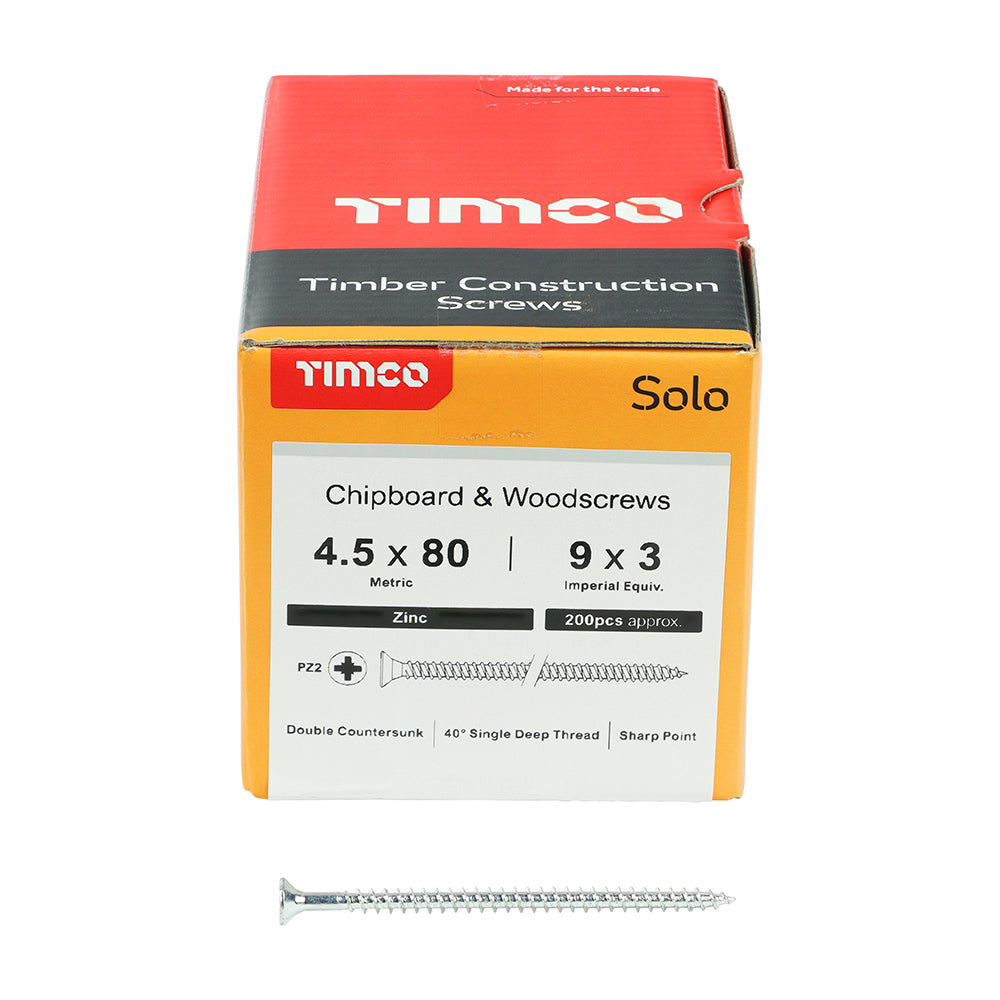 TIMCO Solo Countersunk Silver Woodscrews - 4.5 x 80 Box OF 200 - 45080 ...